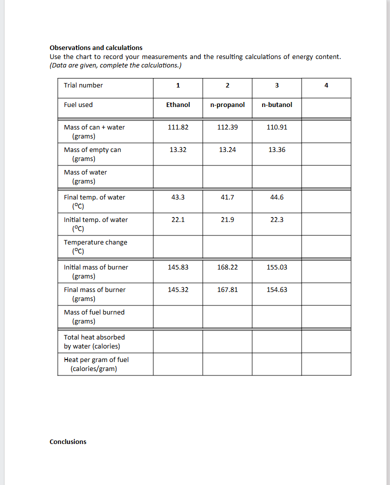 Solved Observations and calculationsUse the chart to record | Chegg.com