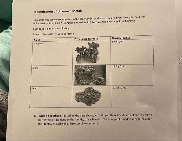 Identification of Unknown Metals Complete this | Chegg.com