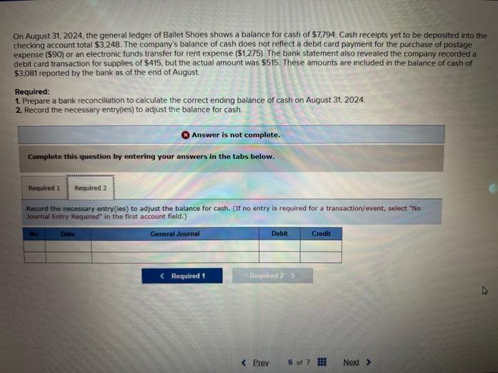 Solved On August 31, 2024, the general ledger of Ballet | Chegg.com