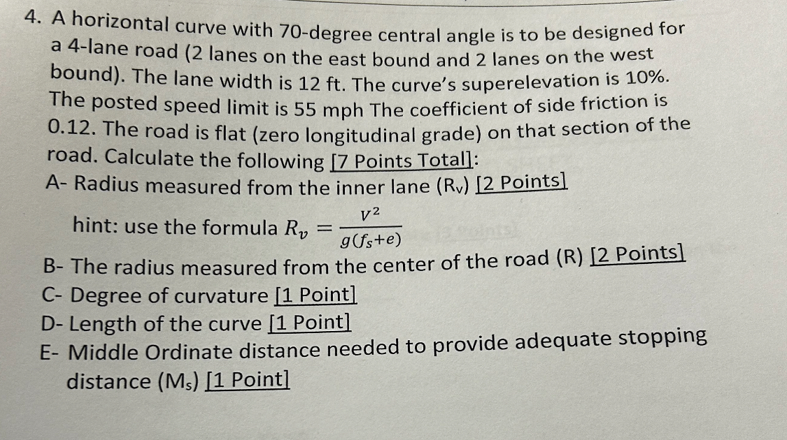 Solved A horizontal curve with 70 -degree central angle is | Chegg.com