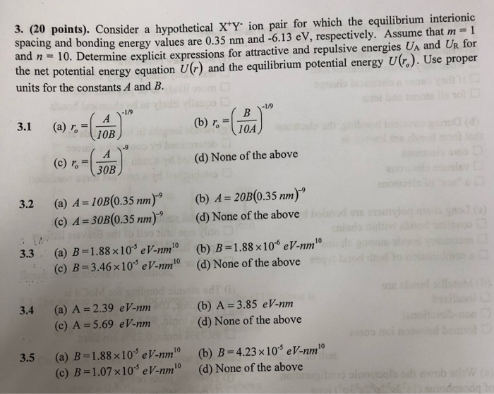 Solved 3. (20 points). Consider a hypothetical X+Y ion pair | Chegg.com