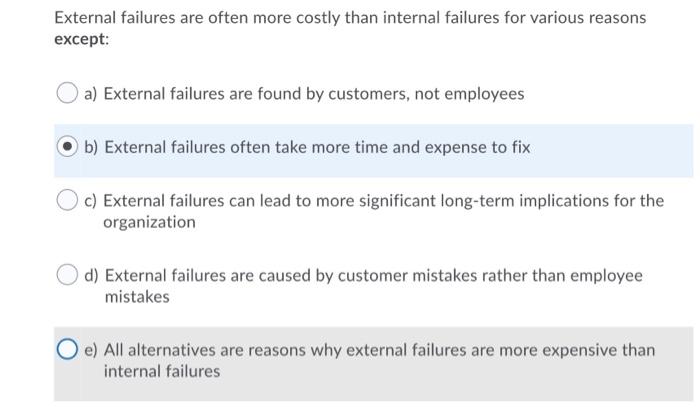 Solved External failures are often more costly than internal | Chegg.com