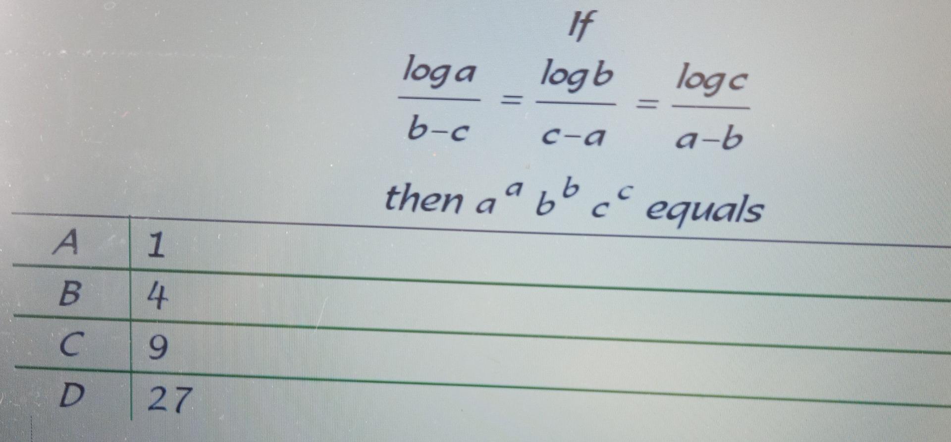 Solved If logb log a b-c logo C-a a-b then aa bb c equals a | Chegg.com