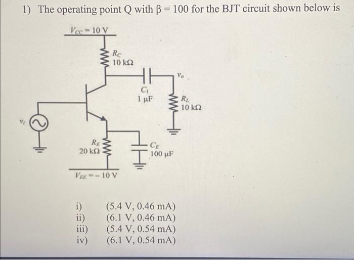 Solved 1) The operating point Q with B = 100 for the BJT | Chegg.com