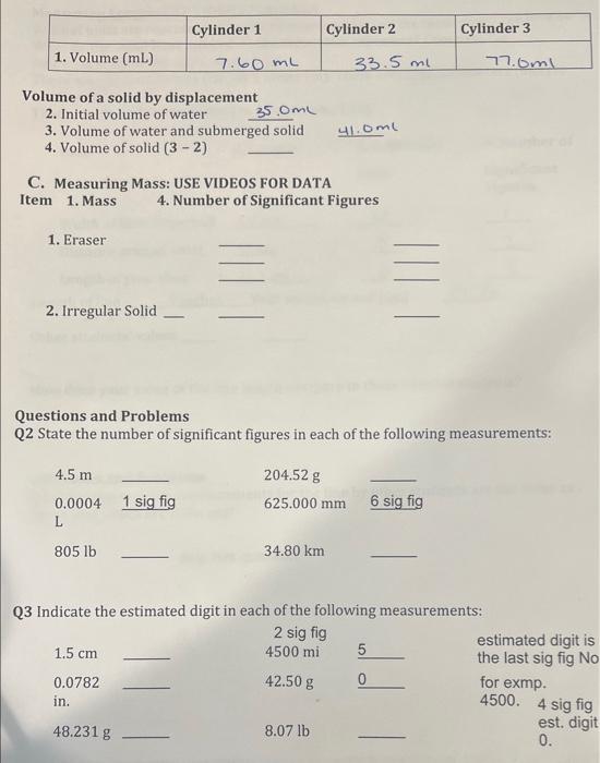 Solved Volume of a solid by displacement 2. Initial volume | Chegg.com