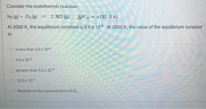 Solved Consider the endothermic reaction: N2 (g) + O2(g) = 2 | Chegg.com
