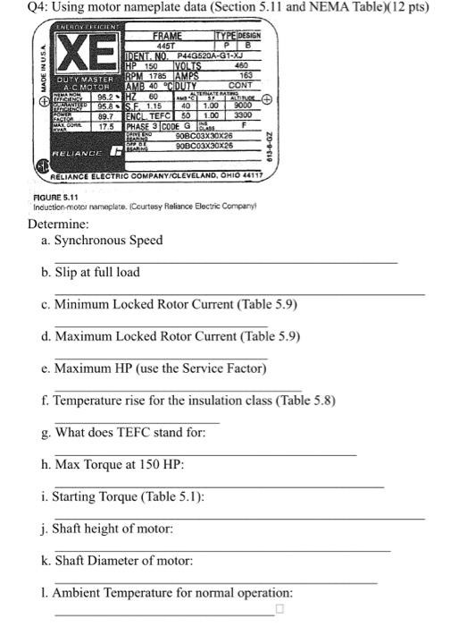 Q4: Using motor nameplate data (Section 5.11 and NEMA | Chegg.com