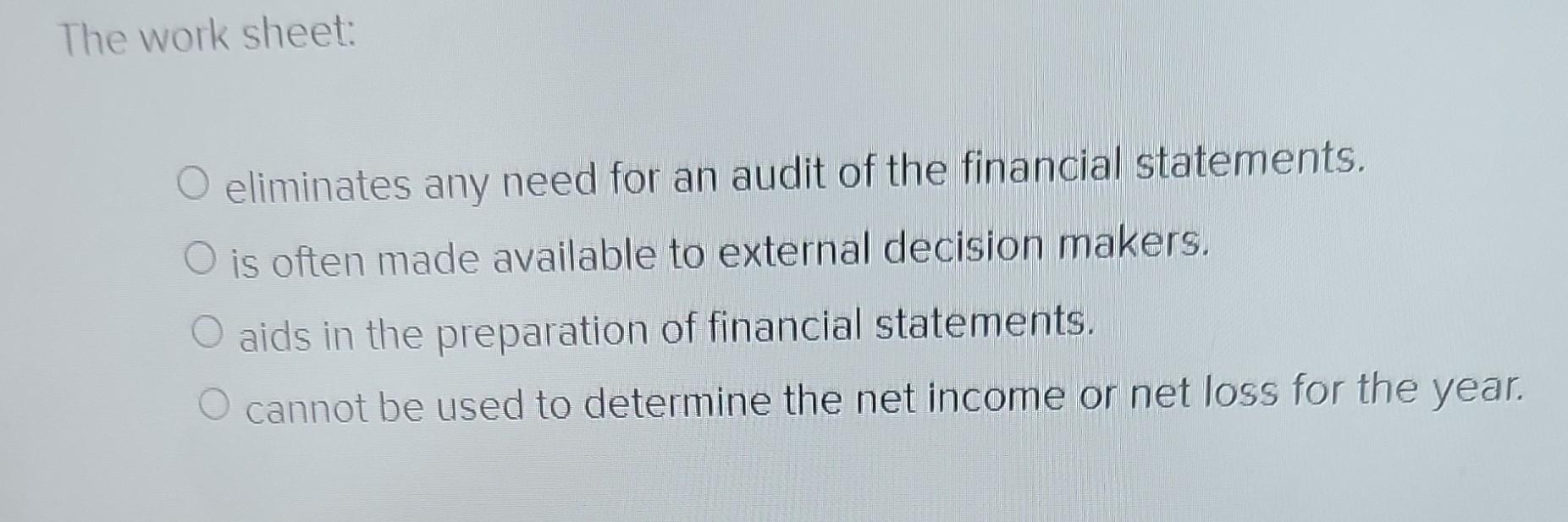 Solved The work sheet: eliminates any need for an audit of | Chegg.com