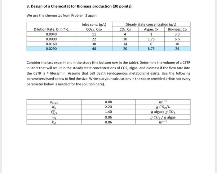 Solved 3. Design of a Chemostat for Biomass production ( 30 | Chegg.com