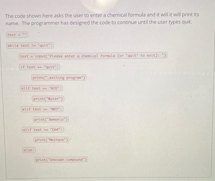 Solved The code shown here asks the user to enter a chemical | Chegg.com