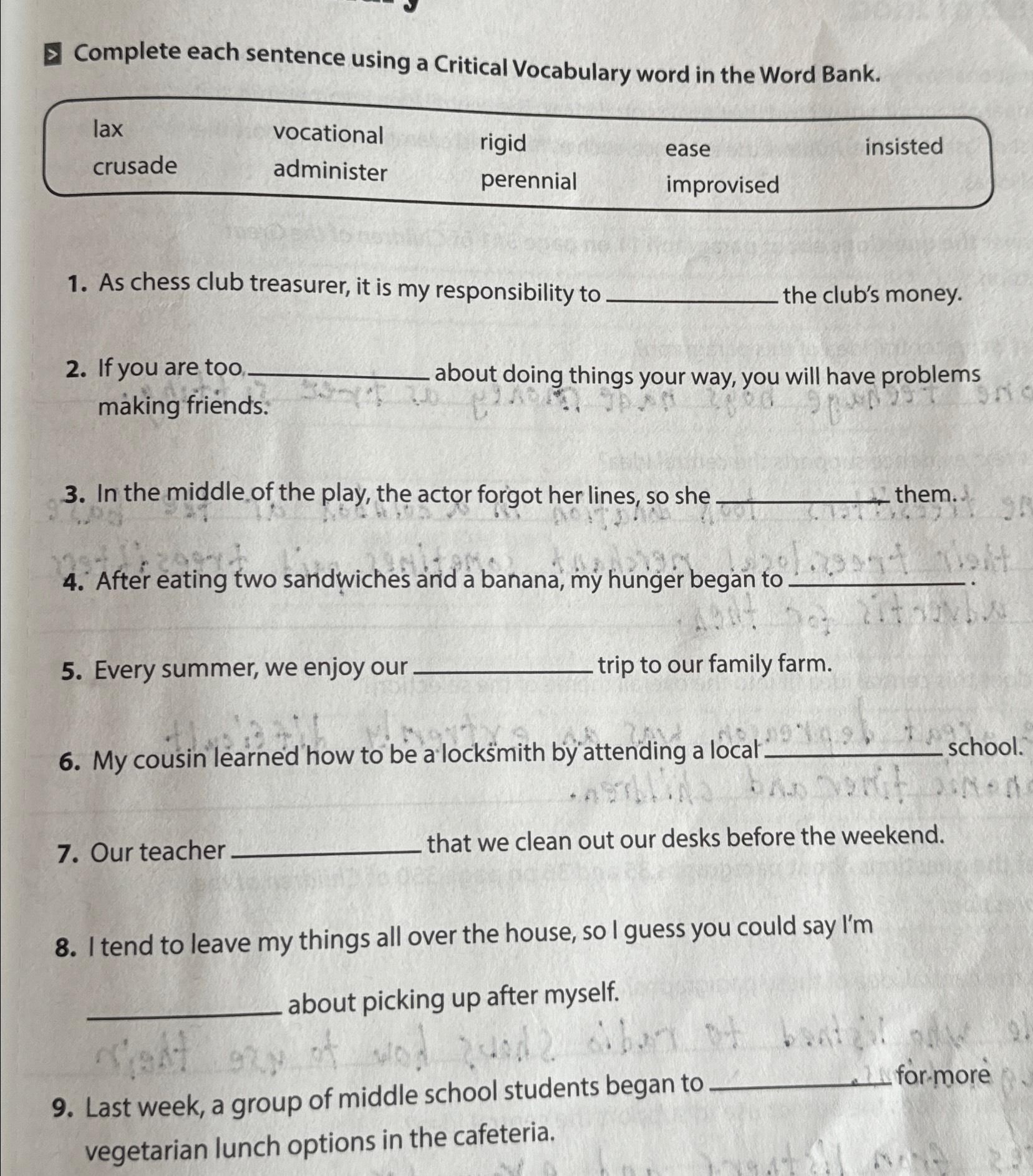 Solved \ ﻿Complete each sentence using a Critical Vocabulary | Chegg.com