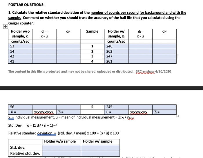 Solved POSTLAB QUESTIONS: 1. Calculate the relative standard | Chegg.com