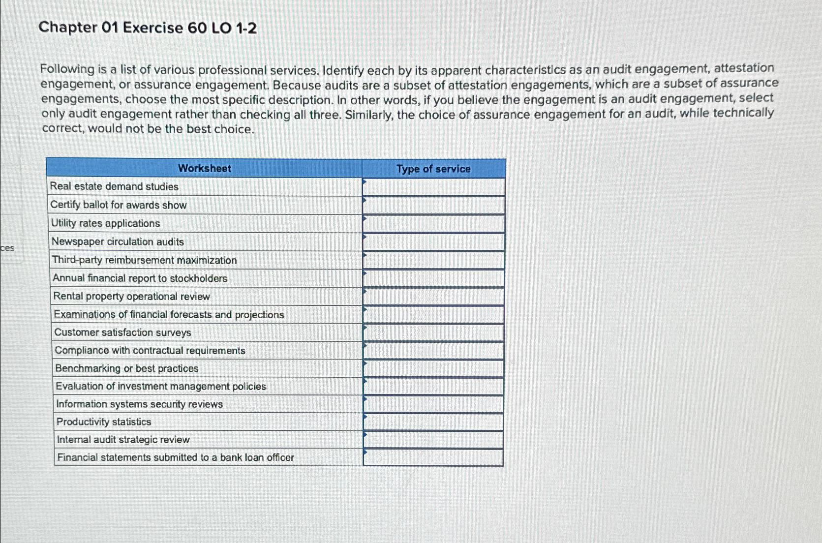 Solved Chapter 01 Exercise 60 LO 1-2\\nFollowing is a list | Chegg.com