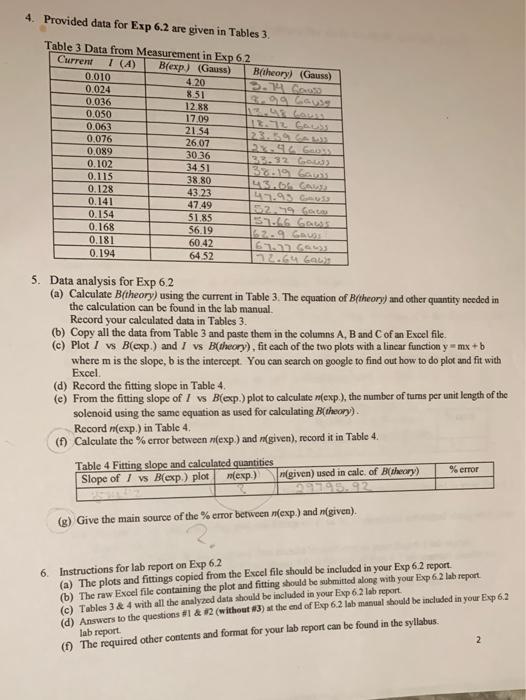 Solved 4. Provided data for Exp 6.2 are given in Tables 3. | Chegg.com