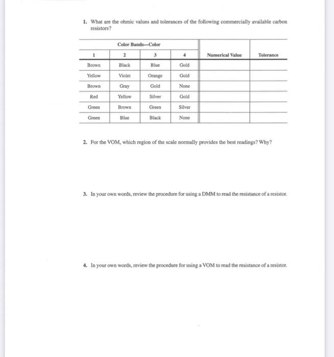 Solved 1. What are the ohmic values and tolerances of the | Chegg.com