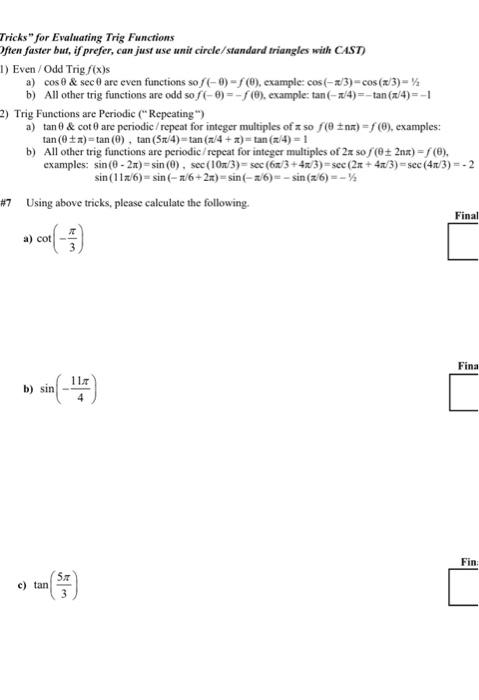 Solved Tricks" for Evaluating Trig Functions Often faster | Chegg.com