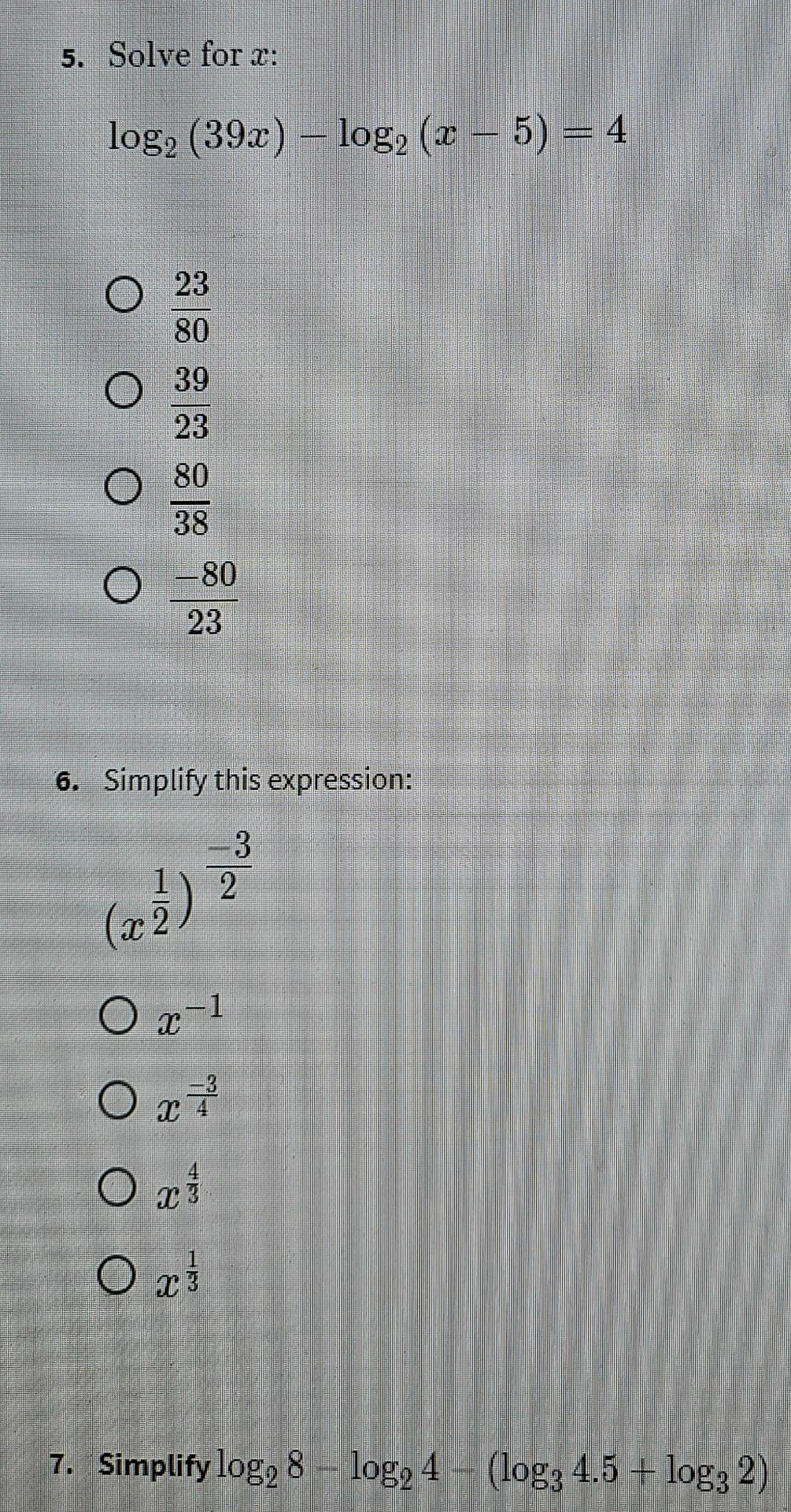 Solved 5. Solve for x : log2(39x)−log2(x−5)=4 8023 2339 3880 | Chegg.com