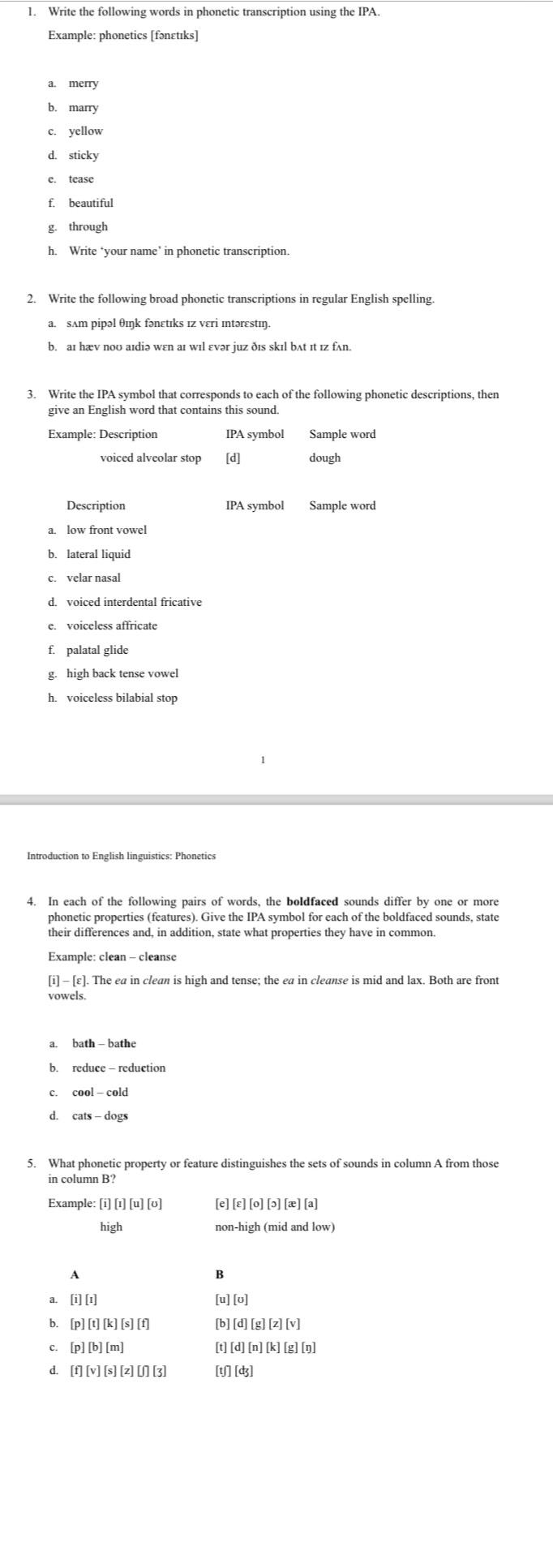 Write the following words in phonetic transcription | Chegg.com