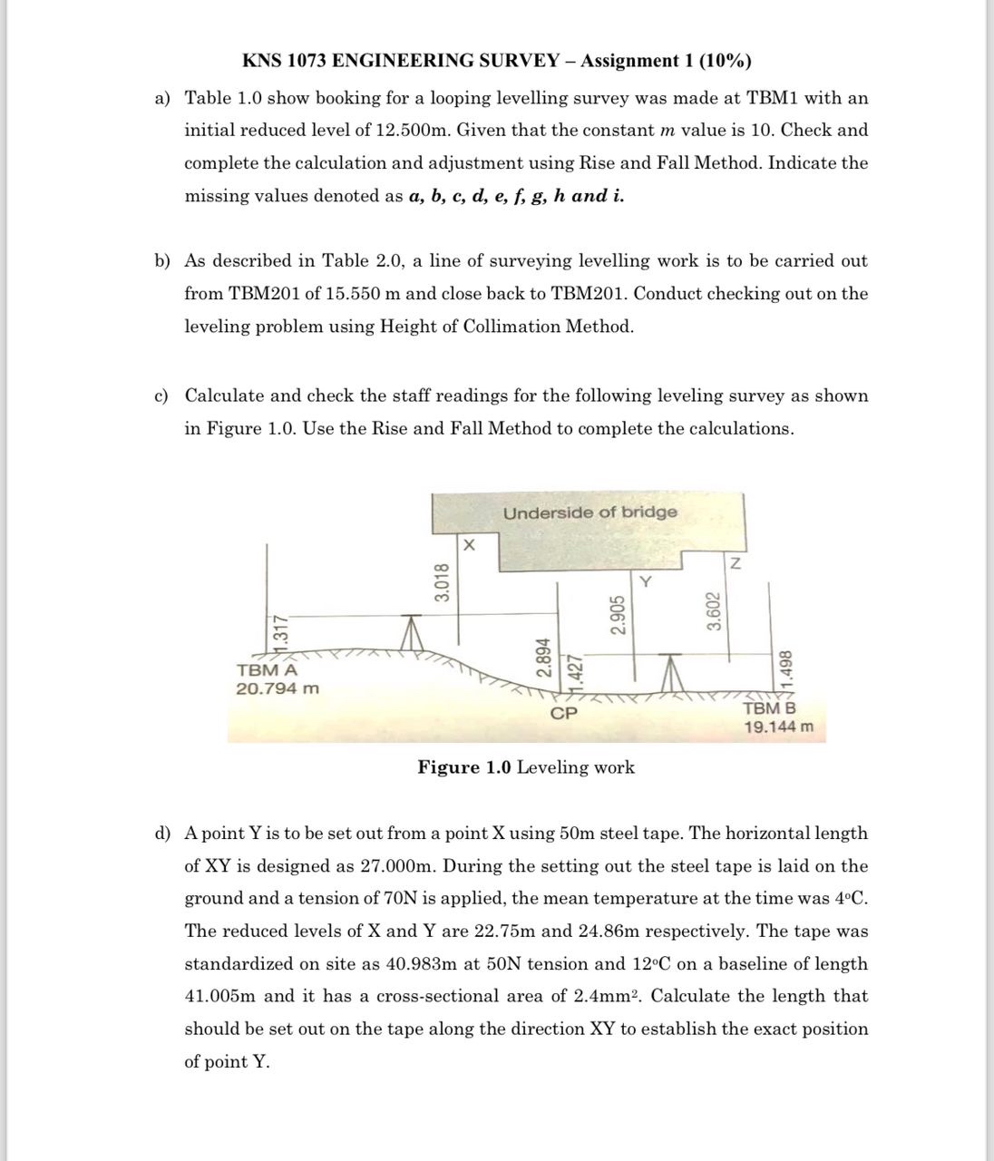Solved a) ﻿Table 1.0 ﻿show booking for a looping levelling | Chegg.com