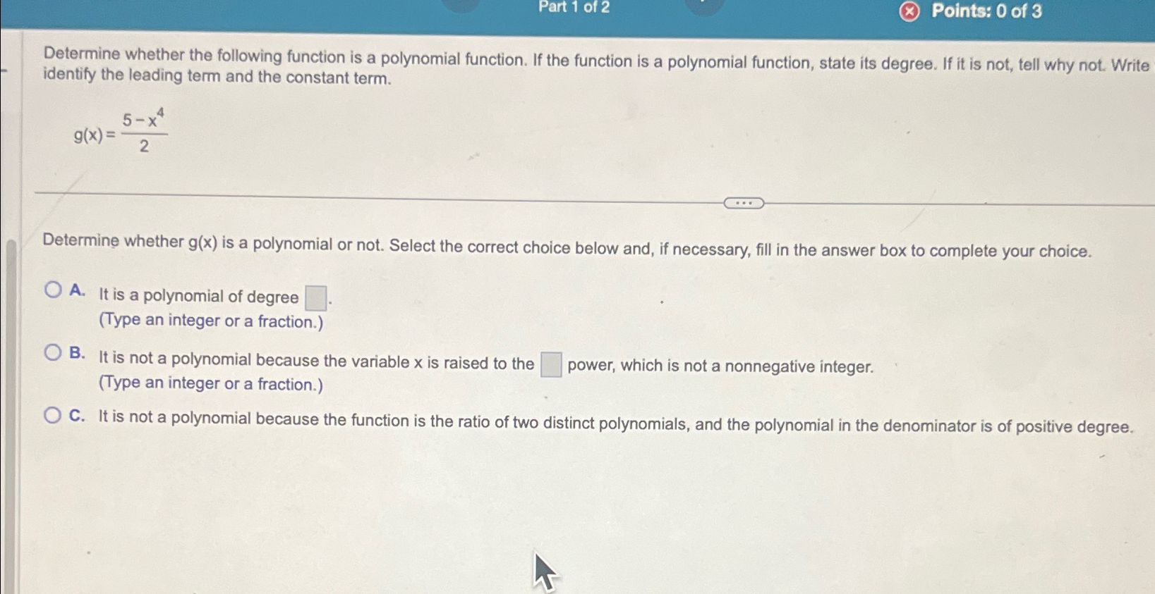 Solved Part 1 ﻿of 2(x) ﻿Points: 0 ﻿of 3Determine whether the | Chegg.com