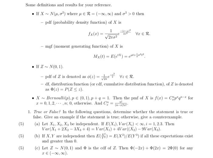 Solved - If X∼N(μ,σ2) where μ∈R=(−∞,∞) and σ2>0 then - pdf | Chegg.com