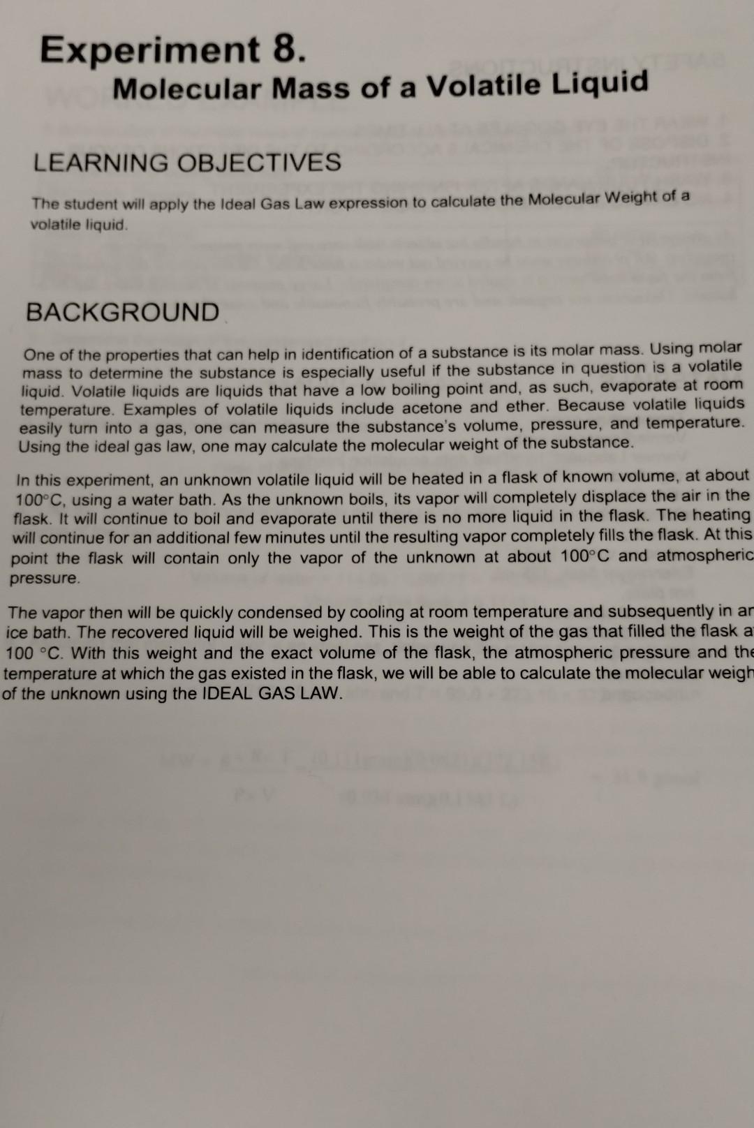 Solved Experiment 8 . Molecular Mass of a Volatile Liquid | Chegg.com