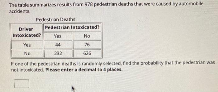 Solved The table summarizes results from 978 pedestrian | Chegg.com