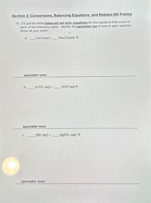 Solved Section 2: Conversions, Balancing Equations, and | Chegg.com