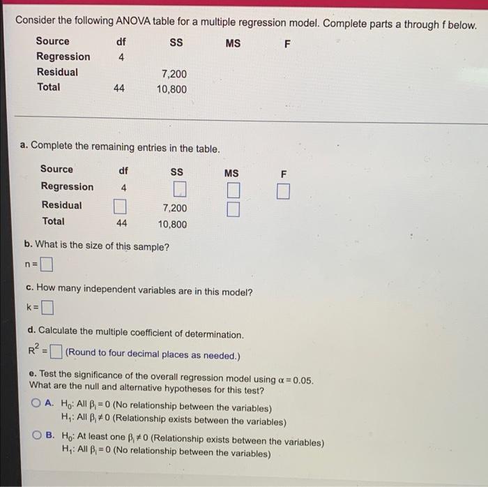 Solved Consider the following ANOVA table for a multiple | Chegg.com
