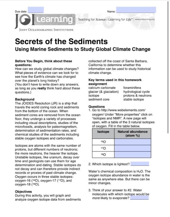 Solved Secrets of the Sediments Using Marine Sediments to | Chegg.com