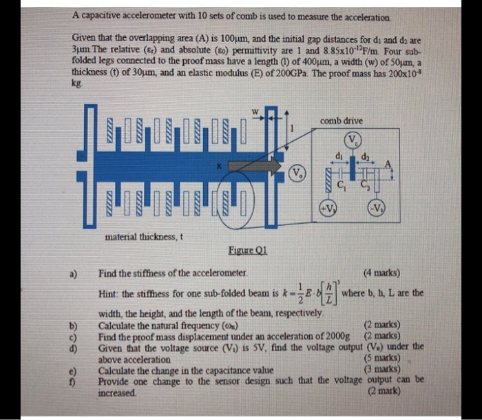 Solved A capacitive accelerometer with 10 sets of comb is | Chegg.com