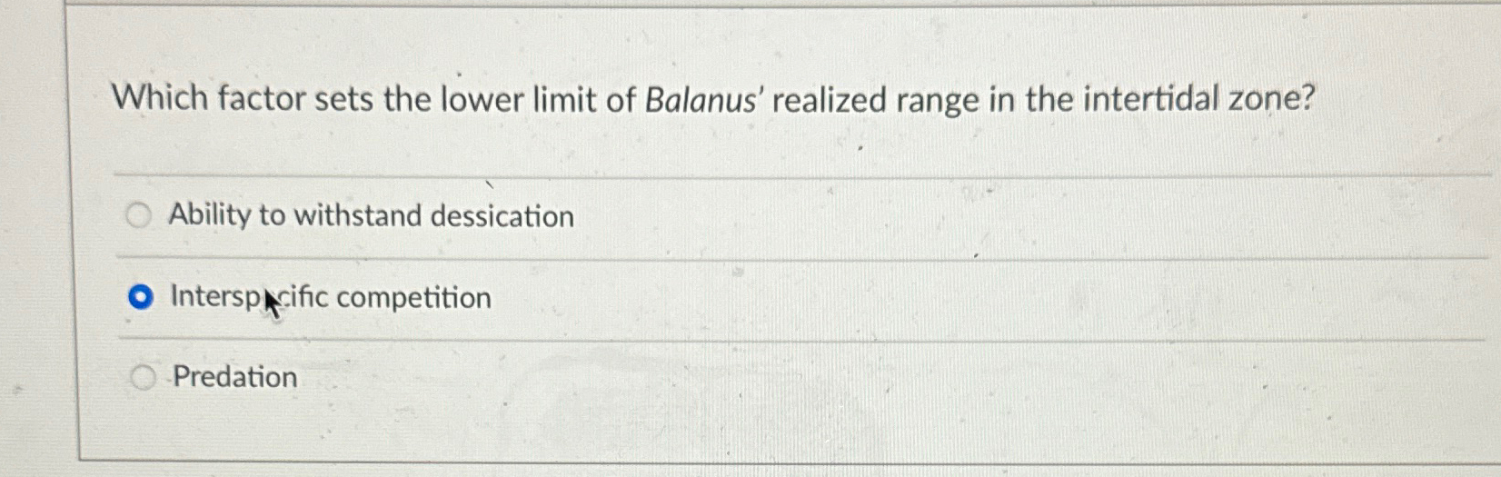Solved Which factor sets the lower limit of Balanus' | Chegg.com