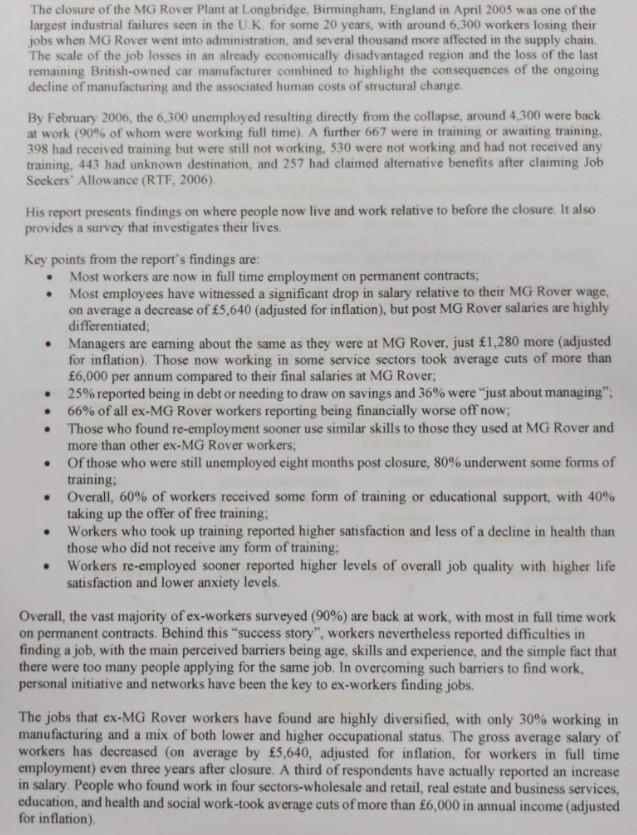 Solved The closure of the MG Rover Plant at Longbridge, | Chegg.com