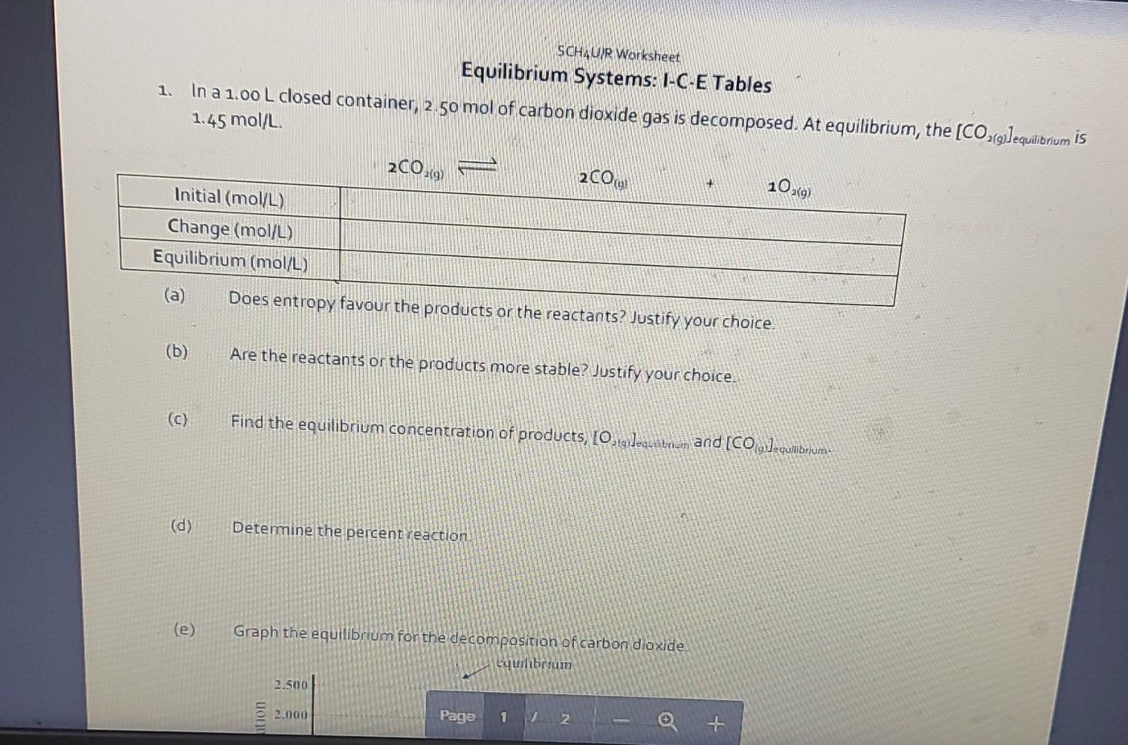 Solved Equilibrium Systems: I-C.E Tables 1. In a 1.00 L | Chegg.com