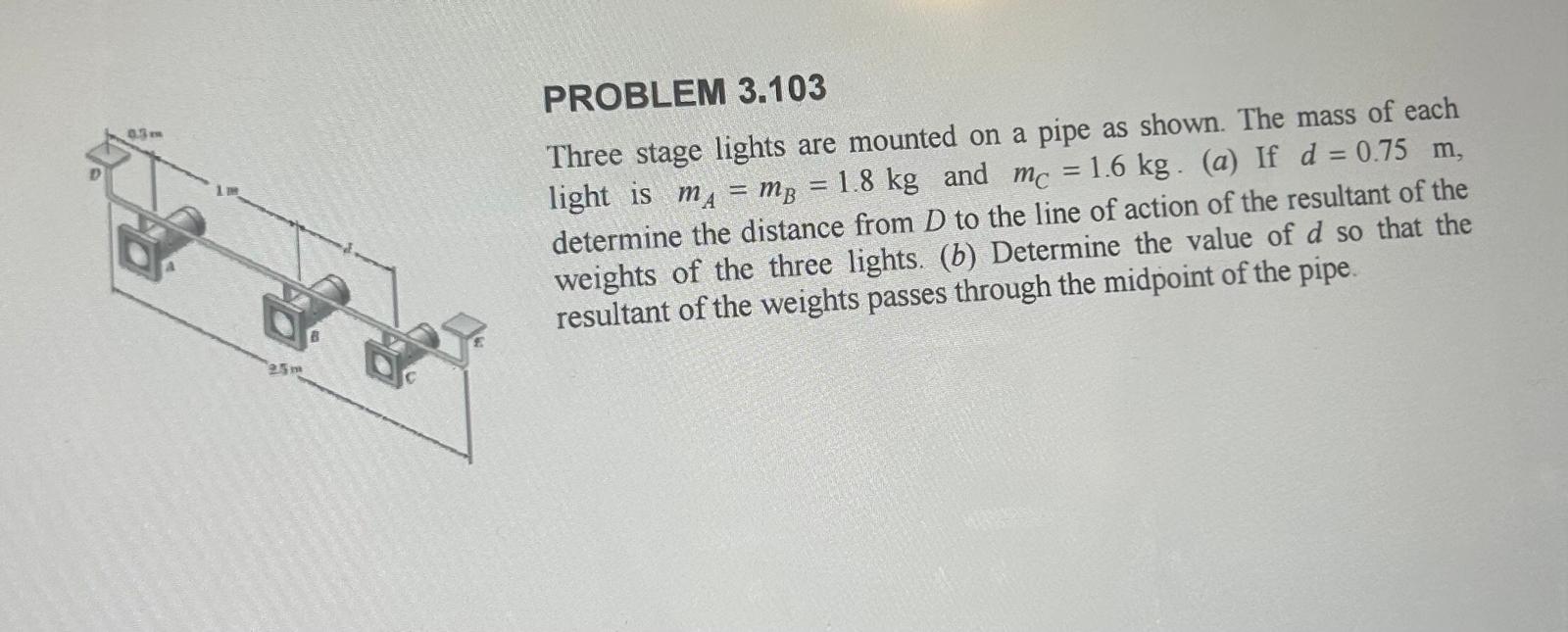 Solved PROBLEM 3.103Three stage lights are mounted on a pipe | Chegg.com