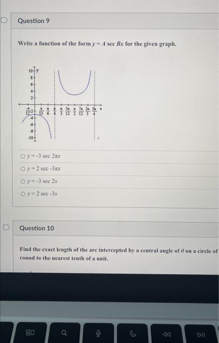 Solved D Question 9 Write a function of the form y = A sec | Chegg.com