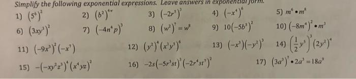 Solved 1) (56)2 2) (b2)4v 3) (−2r3)3 4) (−x4)6 5) m6⋅m8 6) | Chegg.com