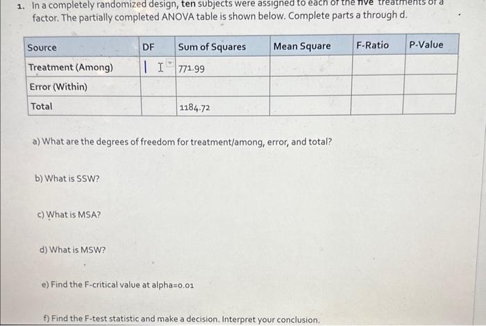 Solved 1. In a completely randomized design, ten subjects | Chegg.com