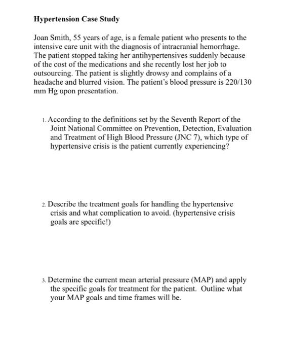 Solved Hypertension Case Study Joan Smith, 55 years of age, | Chegg.com