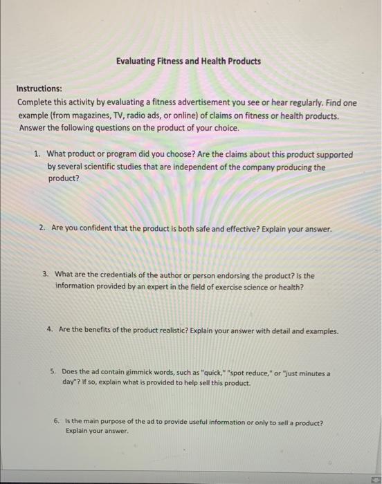 Solved Evaluating Fitness and Health Products Instructions: | Chegg.com