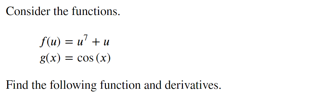 Solved Consider the functions.f(u)=u7+ug(x)=cos(x)Find the | Chegg.com