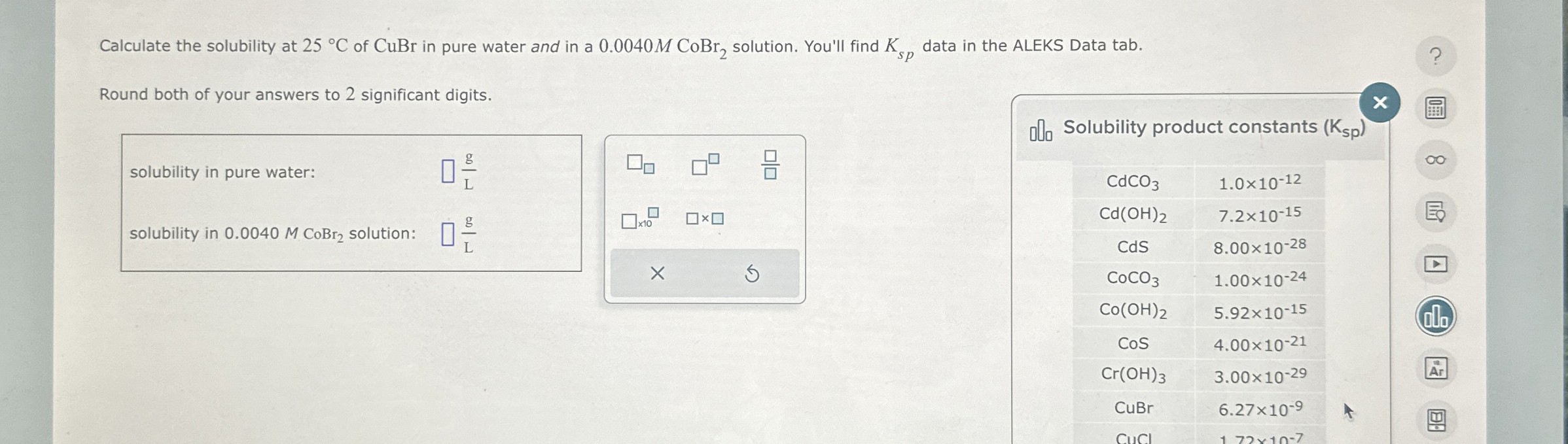 Solved Calculate the solubility at 25°C ﻿of CuBr in pure | Chegg.com