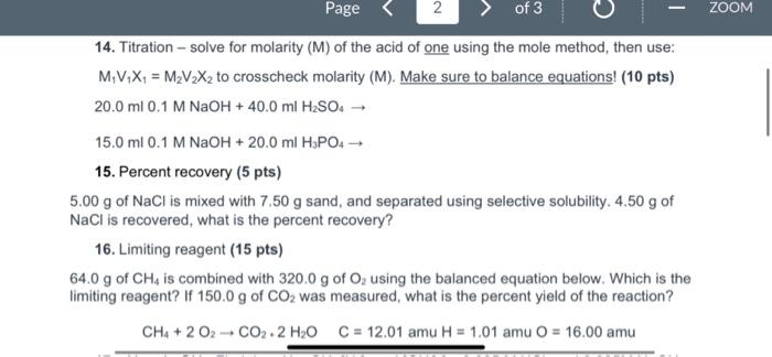 Solved ZOOM Page 2 of 3 14. Titration - solve for molarity | Chegg.com
