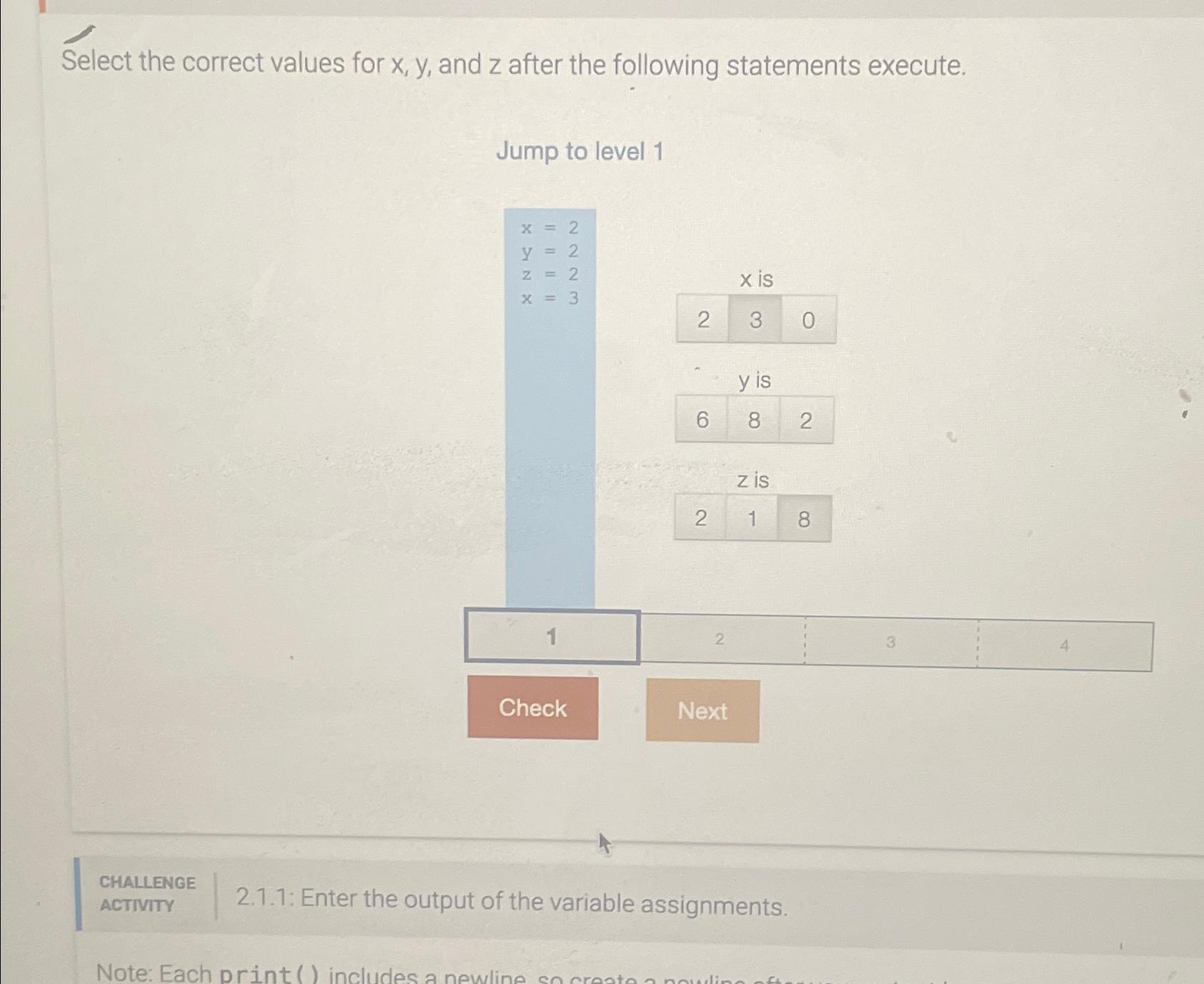 Solved Select the correct values for x,y, ﻿and z ﻿after the | Chegg.com