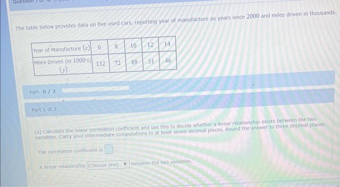 Solved The table below provides data on five used cars, | Chegg.com