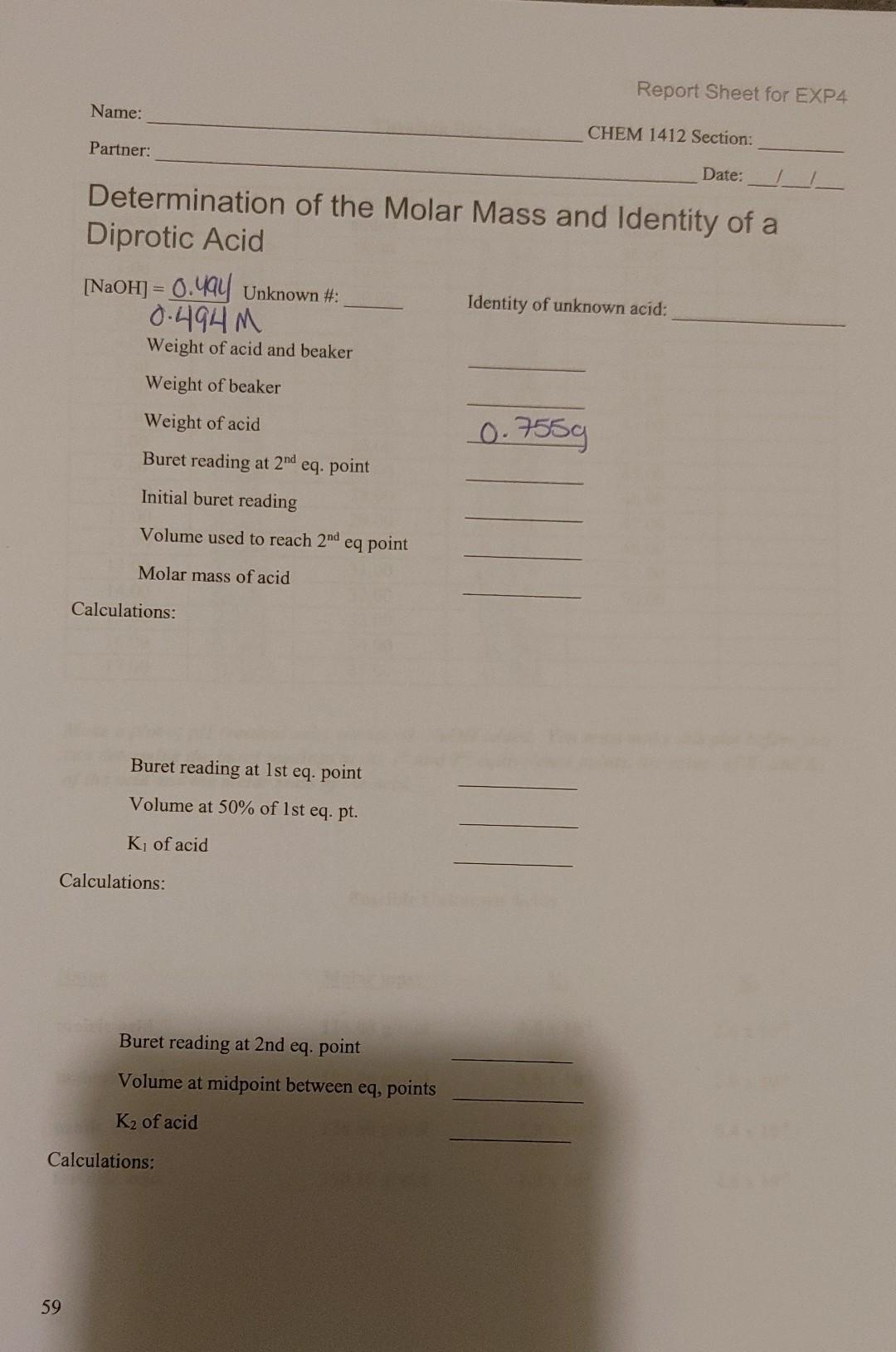 Solved Experiment 4 Determination of the Molar Mass and | Chegg.com
