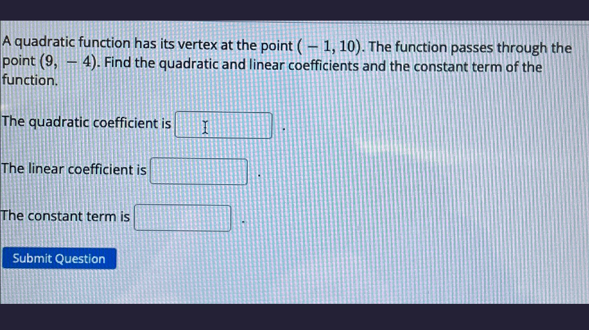 Solved A quadratic function has its vertex at the point | Chegg.com