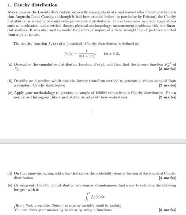 Solved 1. Cauchy distribution Also known as the Lorentz | Chegg.com
