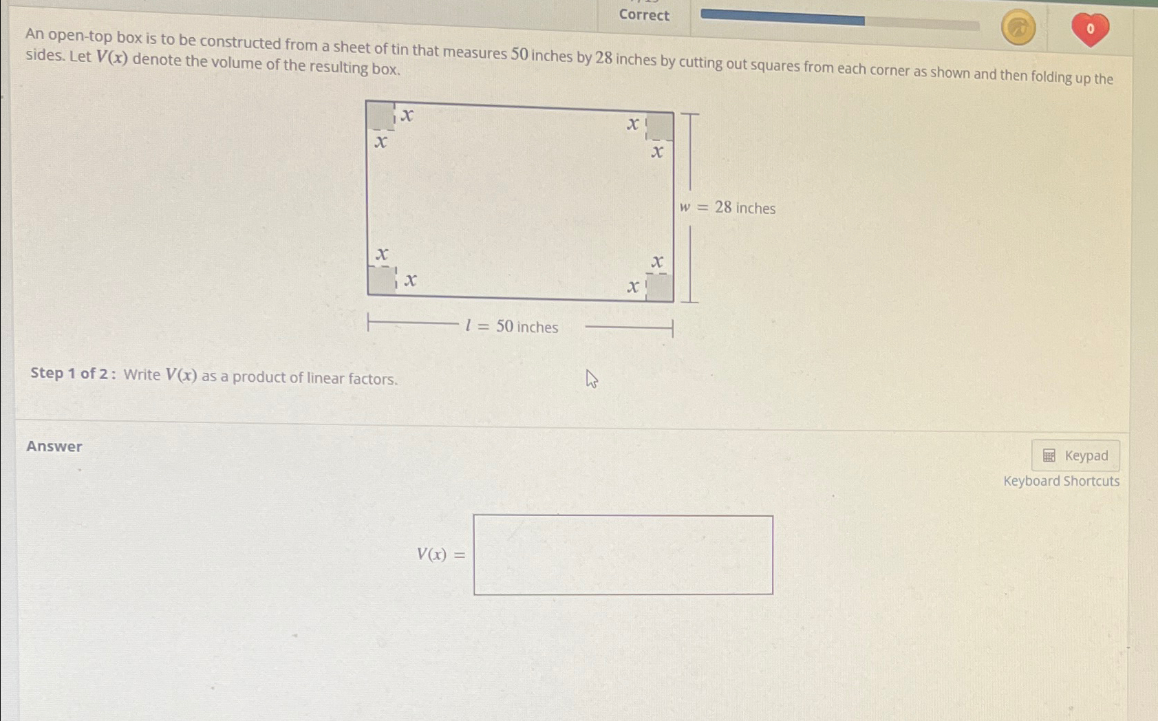 Solved CorrectAn open-top box is to be constructed from a | Chegg.com