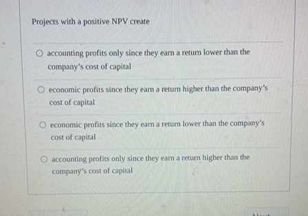 Solved Projects with a positive NPV createaccounting profits | Chegg.com